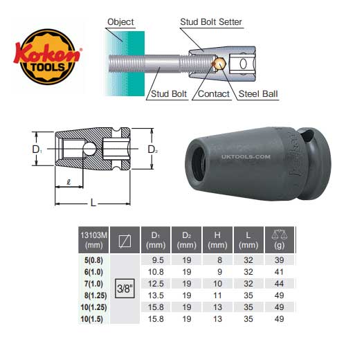 Koken 13103M-10(1.25) 10 X 1.25mm Impact Stud Setter 3/8" SD | UKtools
